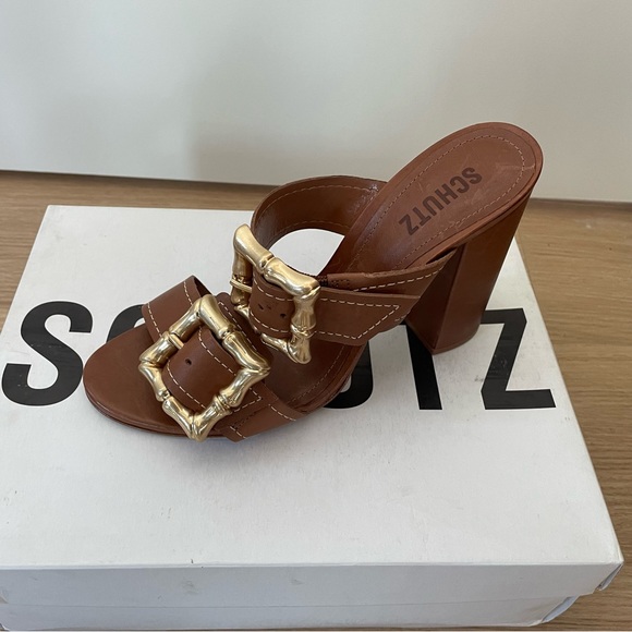 SCHUTZ | Shoes | Schutz Brown Heeled Sandals With Gold Buckles New With ...